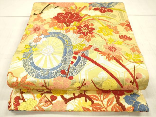 平和屋着物●アンティーク　大正ロマン　両面　全通柄袋帯　唐織　花車文　金銀糸　正絹　逸品　DAAX0101cm