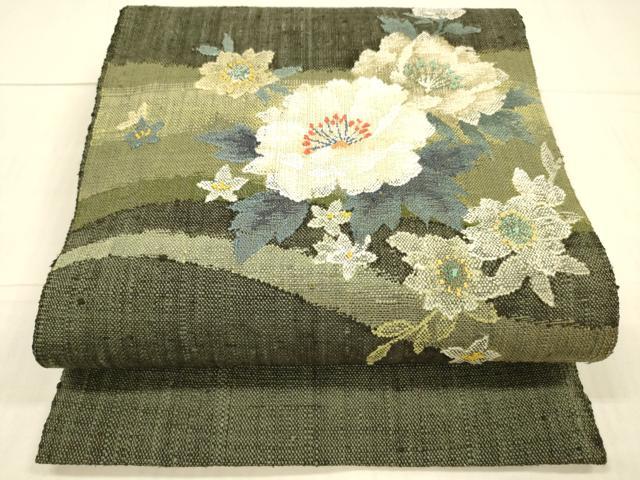 平和屋着物●八寸名古屋帯　紬地　草花文　正絹　逸品　DAAX0116cm