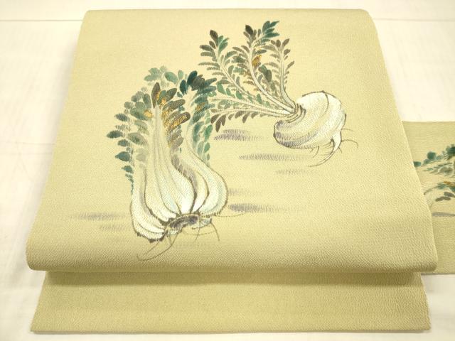 平和屋着物●九寸名古屋帯　手描き　成り物　金彩　鬼しぼ縮緬　正絹　逸品　DAAX0120cm