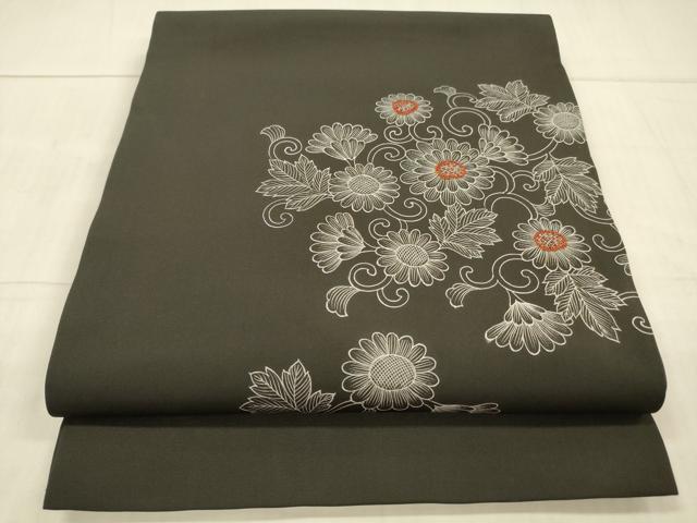 平和屋着物●中国三大刺繍　相良刺繍　塩瀬　九寸開き名古屋帯　花唐草文　黒地　正絹　逸品　DAAX0122cm