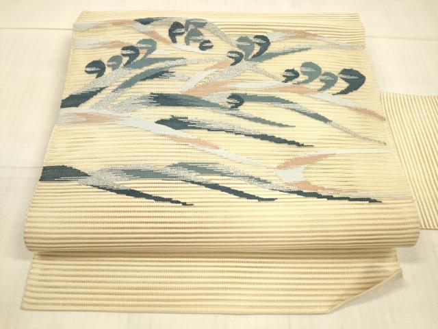 平和屋着物＊夏物　絽綴れ　八寸名古屋帯　草葉文　銀糸　正絹　逸品　DAAX0184cm