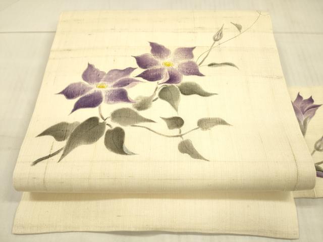 平和屋着物＊夏物　九寸名古屋帯　手描き　紬地　草花文　正絹　逸品　DAAX0205cm