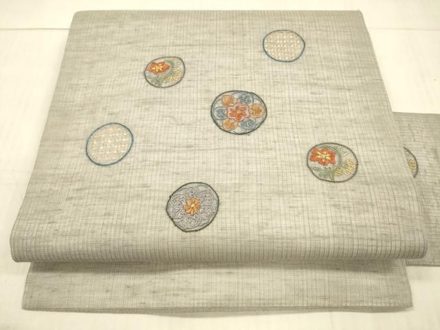 平和屋着物＊夏物中国三大刺繍　スワトウ刺繍　汕頭刺繍　相良刺繍　総刺繍　九寸名古屋帯　草花丸文　金糸　正絹　逸品　DAAX0211cm