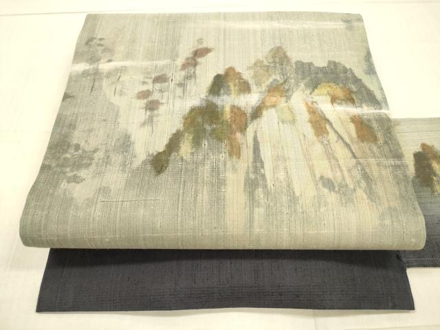 平和屋着物●九寸名古屋帯　手描き　和紙　紬地　風景文　正絹　逸品　DAAX0218cm