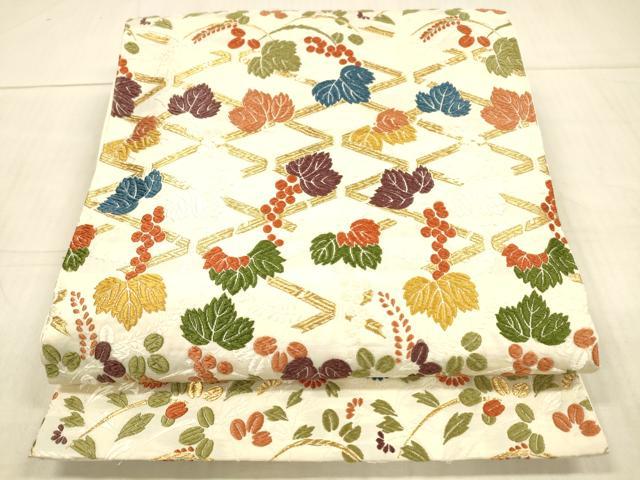 平和屋着物●六通柄袋帯　唐織　籬葡萄蔦の葉花文　金糸　正絹　逸品　DAAX0226cm