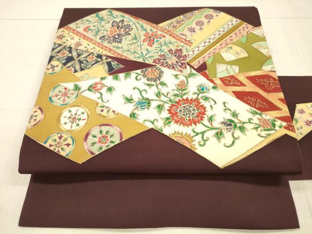 平和屋着物●塩瀬　九寸名古屋帯　舞扇花唐草文　金彩　正絹　逸品　DAAX0234cm