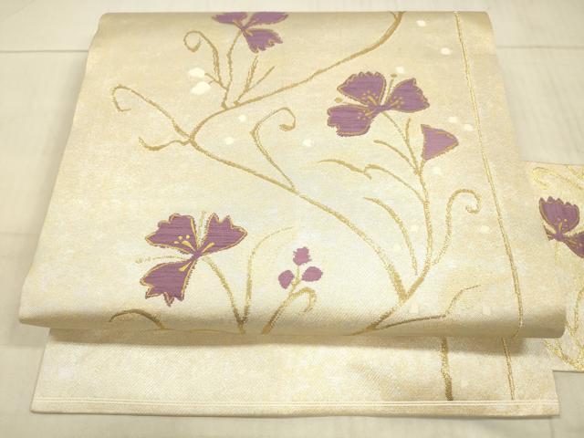 平和屋着物●京の名門　じゅらく謹製　帝王紫　九寸名古屋帯　花唐草文　金銀糸　正絹　逸品　DAAX0243cm