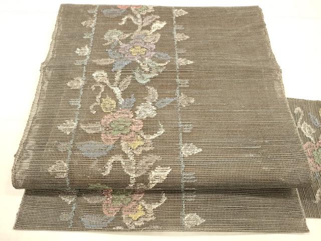 平和屋着物＊夏物　1854年創業　帯屋捨松　八寸名古屋帯　草花文　正絹　逸品　DAAX0247cm