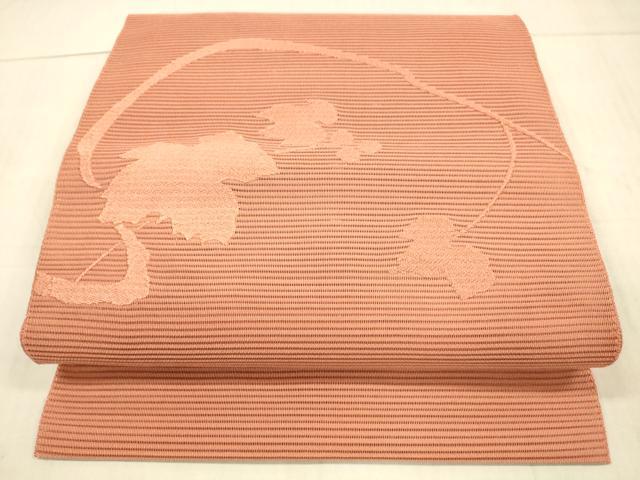 平和屋着物＊夏物　絽綴れ　八寸名古屋帯　南天蔦の葉文　鉛丹色　正絹　逸品　DAAX0250cm