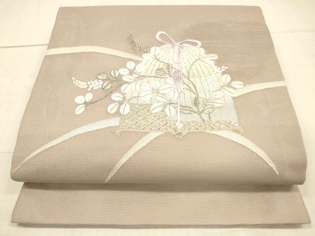 平和屋着物＊夏物　九寸開き名古屋帯　刺繍　草葉文　金銀糸　正絹　逸品　DAAX0259cm