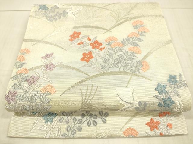 平和屋着物＊夏物　太鼓柄袋帯　草花文　銀糸　正絹　逸品　DAAX0264cm