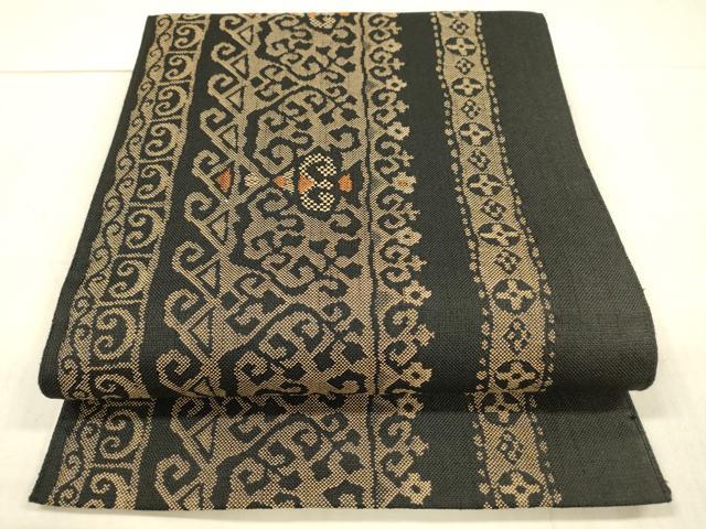 平和屋着物＊夏物　八寸名古屋帯　抽象間道　黒地　正絹　逸品　DAAX0285cm