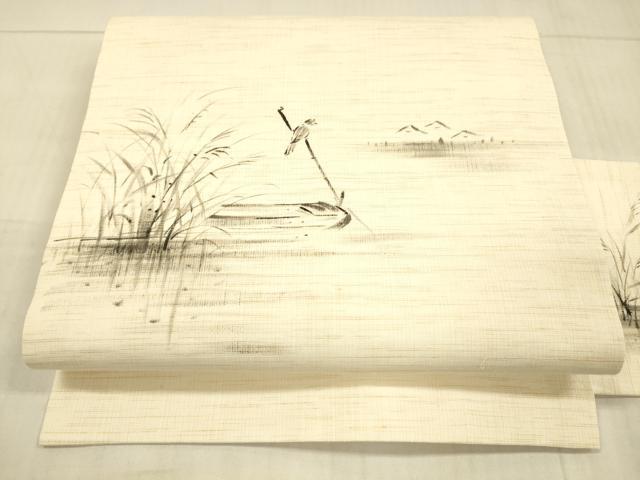 平和屋着物＊夏物　九寸名古屋帯　手描き　流水草葉文　鳥　正絹　逸品　DAAX0286cm