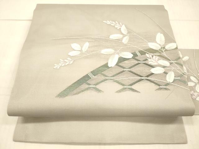 平和屋着物＊夏物　九寸名古屋帯　籬草葉文　銀糸　正絹　逸品　DAAX0289cm