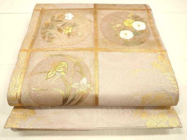 平和屋着物＊夏物　太鼓柄袋帯　草花文　金糸　正絹　逸品　DAAX0293cm