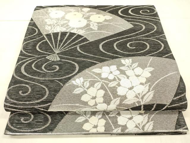 平和屋着物＊夏物　六通柄袋帯　流水扇面草花文　黒地　銀糸　正絹　逸品　DAAX0301cm