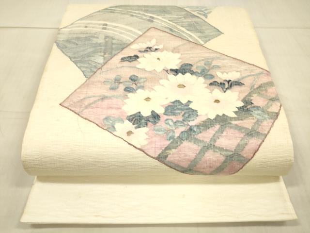 平和屋着物＊夏物　太鼓柄袋帯　渡橋草花文　銀糸　正絹　逸品　DAAX0313cm