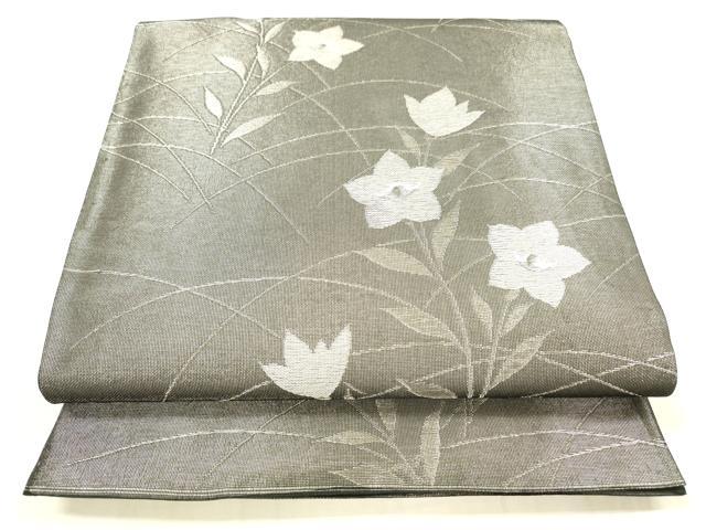 平和屋着物＊夏物　六通柄袋帯　草花文　黒地　銀糸　正絹　逸品　DAAX0325cm