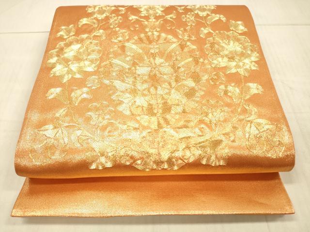 平和屋着物●太鼓柄袋帯　駒刺繍　総刺繍　花唐草文　やまとオリジナル　正絹　逸品　DAAX0352cm