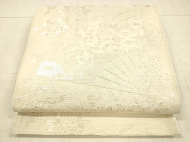平和屋着物＊夏物　六通柄袋帯　扇面草花文　銀糸　正絹　逸品　DAAX0478cm