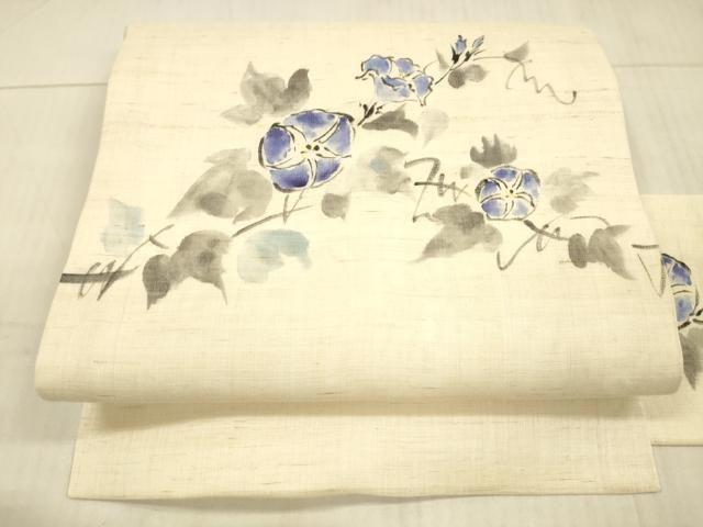 平和屋着物＊夏物　九寸名古屋帯　手描き　朝顔　麻　逸品　DAAX0491cm