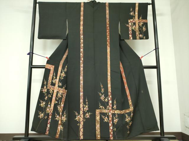 平和屋着物●訪問着　作家物　更紗花文　黒地　金彩　正絹　逸品　DAAX1235op