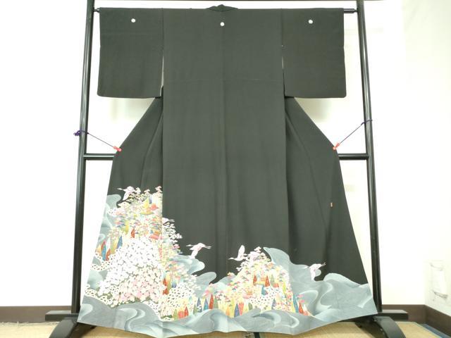 平和屋着物●豪華黒留袖　友禅　作家物　飛鶴風景花文　正絹　逸品　DAAX1262op