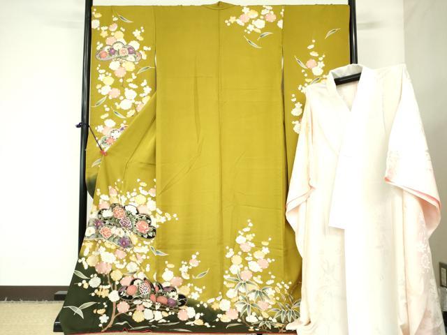 平和屋着物●豪華振袖・長襦袢(無双仕立て)セット　草花松文　暈し染め　金彩　正絹　逸品　DAAX1384op