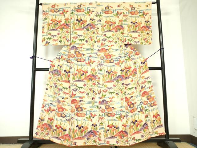 平和屋着物●訪問着　型染　舞蝶花文　鬼しぼ縮緬　正絹　逸品　未使用　DAAX1394op