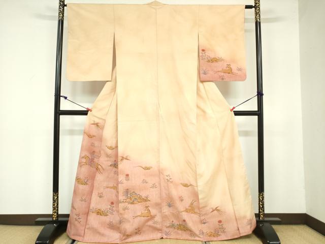 平和屋着物●訪問着　紬地　手描き　狩猟文　暈し染め　正絹　逸品　DAAX1510op