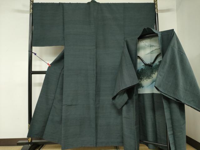 平和屋着物●男性　紬　アンサンブル　長羽織　霞文　正絹　逸品　DAAX1528op