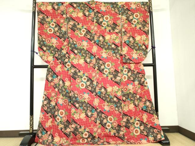 平和屋着物●小振袖　二尺袖　麻の葉草花文　洗える着物　DAAX1544op