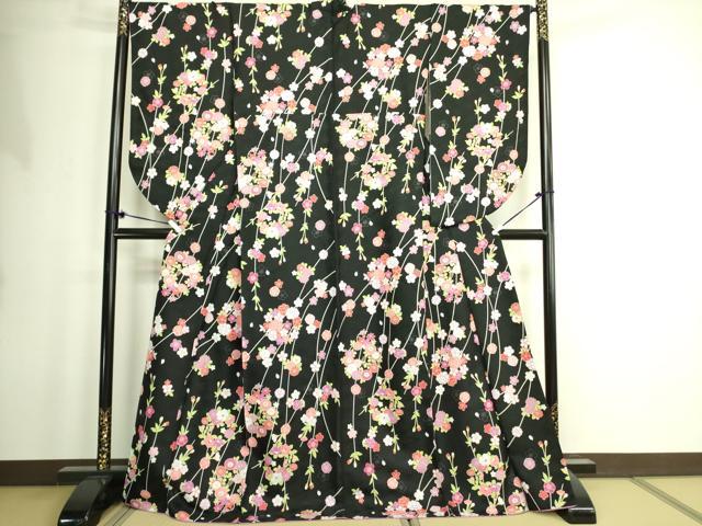 平和屋着物●小振袖　二尺袖　草花文　黒地　洗える着物　DAAX1932op