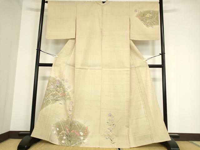 平和屋着物▽訪問着　単衣　生紬　草花文　正絹　逸品　DAAX3024az