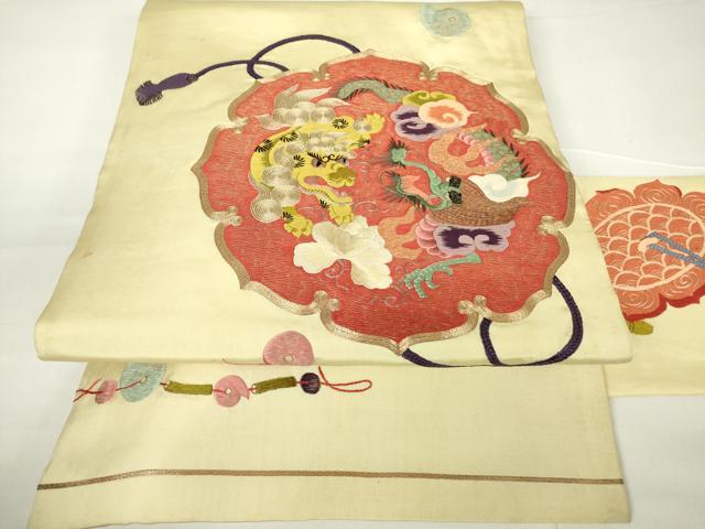 平和屋着物●アンティーク　大正ロマン　九寸名古屋帯　駒刺繍　総刺繍　鏡裏文　龍　金糸　正絹　逸品　DAAX3368az