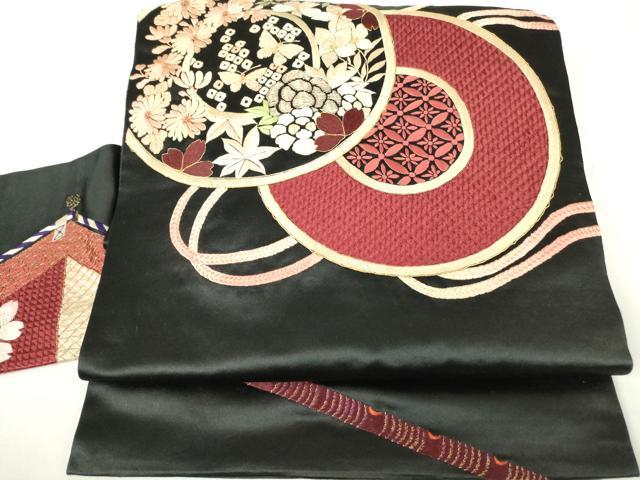 平和屋着物●アンティーク　大正ロマン　九寸名古屋帯　駒刺繍　総刺繍　鏡裏花文　黒地　金糸　正絹　逸品　DAAX3376az