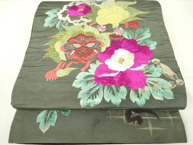 平和屋着物●アンティーク　大正ロマン　両面　京袋帯　刺繍　獅子に牡丹　宝船　金糸　正絹　逸品　DAAX3377az