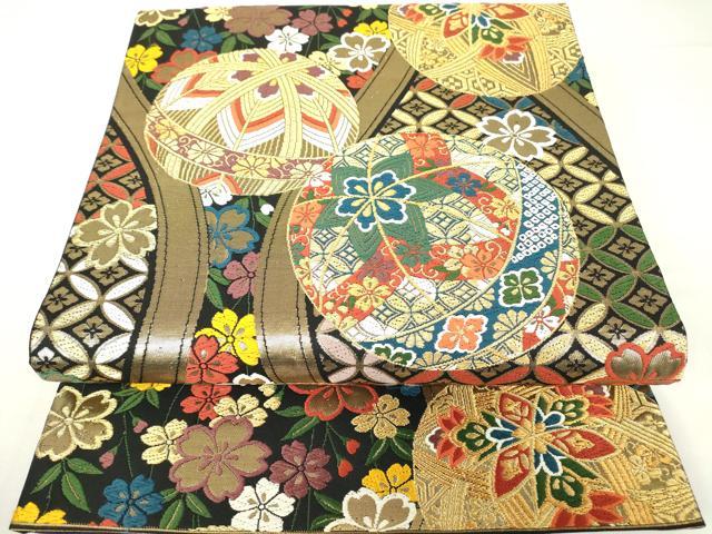 平和屋着物●六通柄袋帯　唐織　吉祥錦織　草木染　花毬文　黒地　金糸　正絹　逸品　DAAX3596az