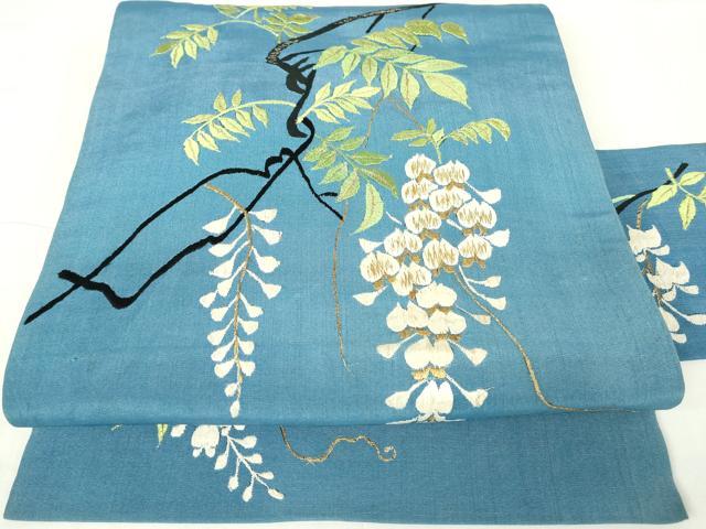 平和屋着物●アンティーク　大正ロマン　九寸名古屋帯　総刺繍　枝垂れ藤　金糸　正絹　逸品　DAAX3605az