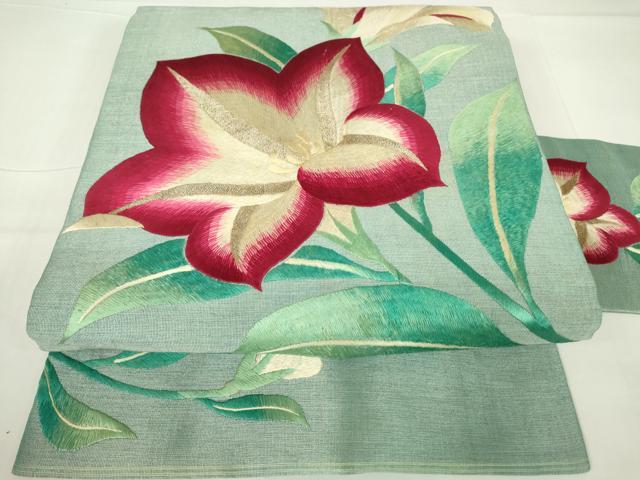 平和屋着物●アンティーク　大正ロマン　九寸名古屋帯　総刺繍　草花文　金糸　正絹　逸品　DAAX3643az