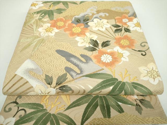 平和屋着物●現代アンティーク　貝島はるみ　綺麗伝説　六通柄袋帯　唐織　流水扇面花文　金糸　正絹　逸品　DAAX4005ps