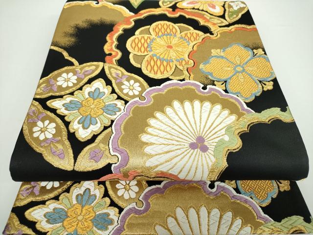 平和屋着物●六通柄袋帯　唐織　雪輪吉祥花文　黒地　金糸　正絹　逸品　DAAX4012ps