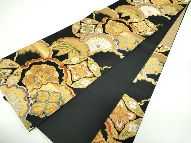 平和屋着物●六通柄袋帯　唐織　雪輪吉祥花文　黒地　金糸　正絹　逸品　DAAX4012ps 平和屋着物○六通柄袋帯 唐織 雪輪吉祥花文 黒地 金糸 正絹