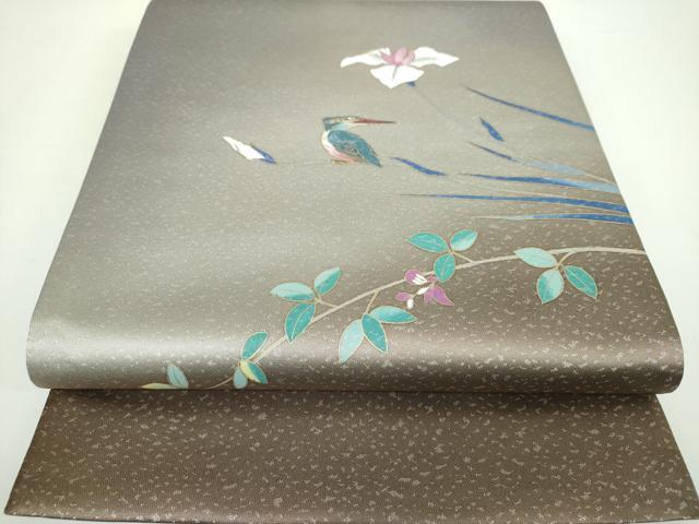 平和屋着物●染色作家　草野一騎　太鼓柄袋帯　手描き　休み鳥　枝花文　金彩　正絹　逸品　未使用　DAAX4027ps