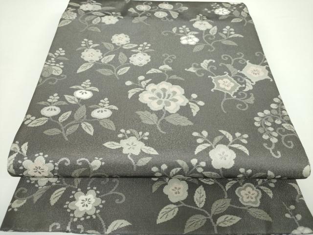 平和屋着物●両面　全通柄袋帯　草花文　銀糸　正絹　逸品　DAAX4040ps