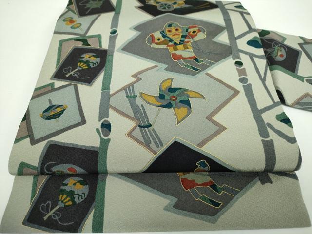 平和屋着物●全通柄九寸名古屋帯　玩具文様　金彩　正絹　逸品　未使用　DAAX4050ps