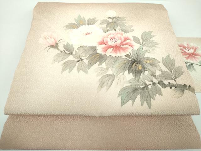 平和屋着物●内山晴祥　手描き　九寸名古屋帯　牡丹文　金彩　鬼しぼ縮緬　正絹　逸品　未使用　DAAX4057ps