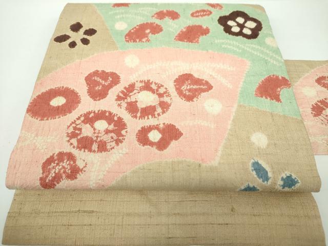 平和屋着物●九寸名古屋帯　生紬　絞り　地紙花文　正絹　逸品　未使用　DAAX4062ps