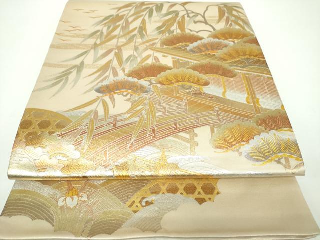 平和屋着物●金彩友禅　卓越技能者・名工・和田光正　六通柄袋帯　渡橋風景花文　金銀彩　正絹　逸品　DAAX4161ps