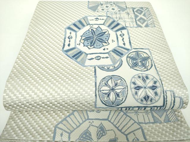 平和屋着物●本場筑前博多織　六通柄袋帯　藍　花絵皿　正絹　逸品　DAAX4177ps